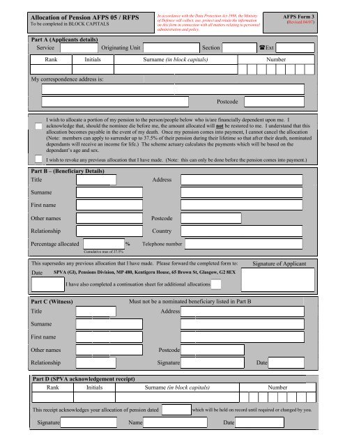 Allocation of Pension AFPS 05 / RFPS - Ministry of Defence