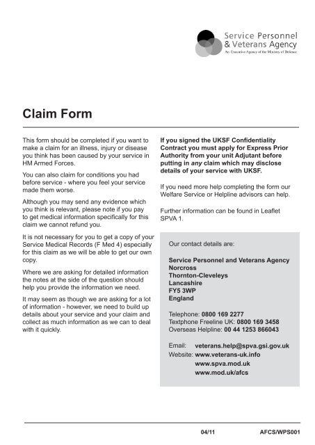 Claim Form - Ministry of Defence