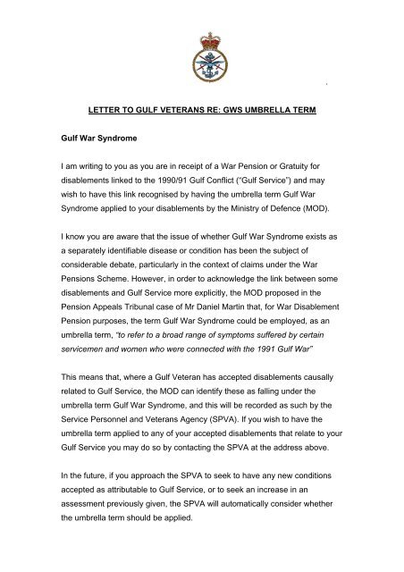 Letter to Gulf Veterans RE: GWS Umbrella Term - Ministry of Defence