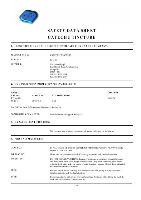 SAFETY DATA SHEET CATECHU TINCTURE - J.M.Loveridge plc