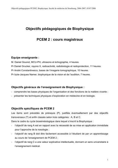 Objectifs pÃ©dagogiques de Biophysique PCEM 2 : cours magistraux