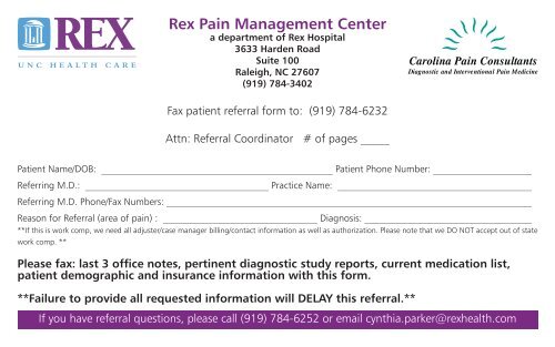 Rex Pain Management Center Patient Referral Form