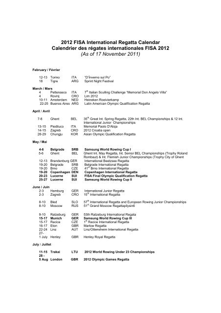2012 FISA International Regatta Calendar ... - World Rowing