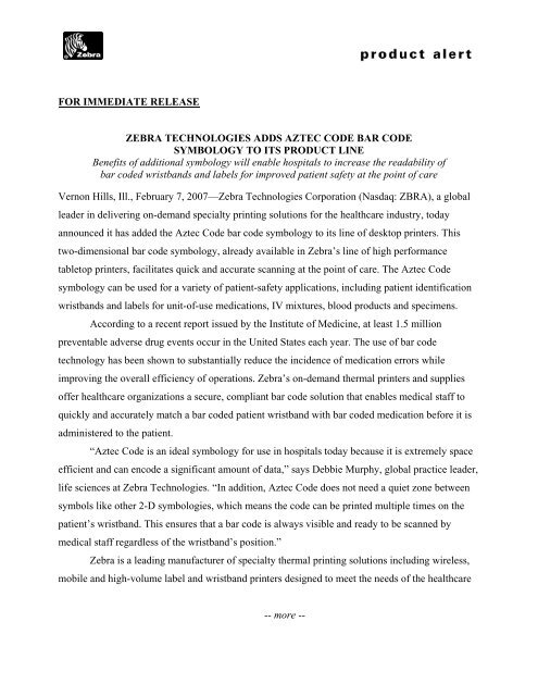 Zebra Technologies Adds Aztec Code Bar Code Symbology to its ...