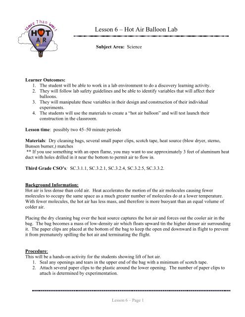Lesson 6 – Hot Air Balloon Lab
