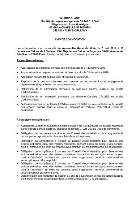 Assemblée Générale ordinaire du 6 Mai 2013