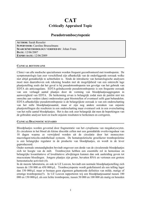 CAT Critically Appraised Topic Pseudotrombocytopenie - UZ Leuven
