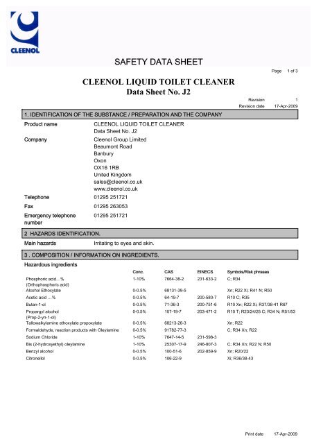 CLEENOL LIQUID TOILET CLEANER Data Sheet No. J2 - Part Info