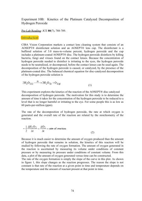 Experiment 10B: Kinetics of the Platinum Catalyzed Decomposition ...