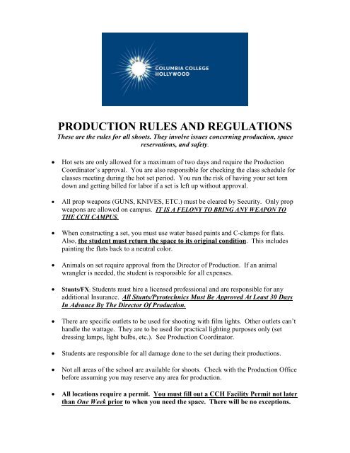 production rules and regulations - Columbia College Hollywood