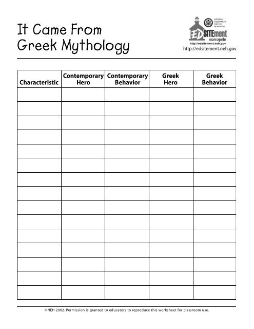 Greek Myths Worksheets