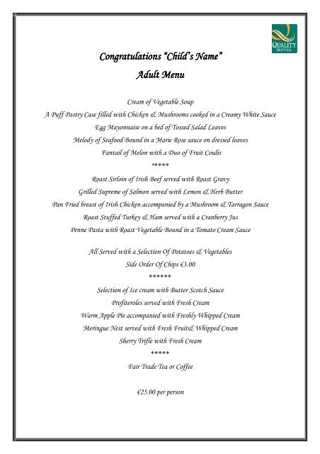 Communion confirmation sample menu 2013