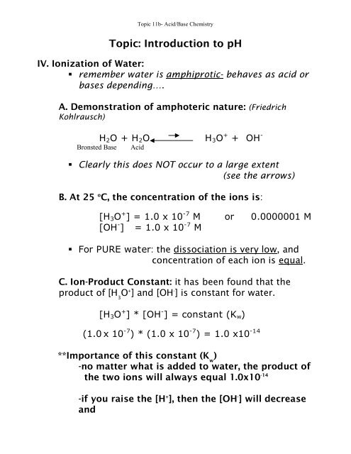 Class Notes on [H+] and Intro to pH
