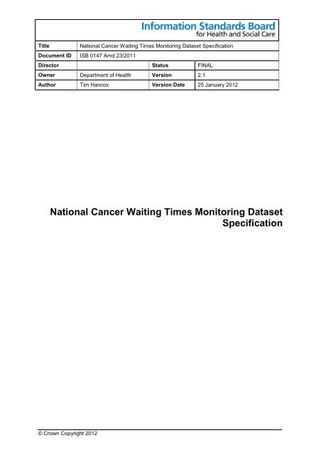 Cancer Waiting Times Specification - Information Standards Board ...