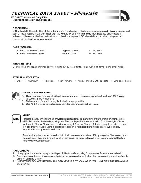 TECHNICAL DATA SHEET â all-metalÂ® - US Chemical & Plastics