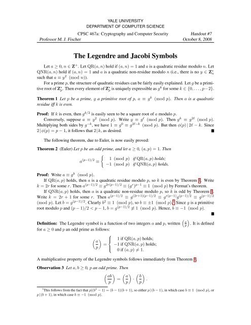 The Legendre and Jacobi Symbols - Zoo - Yale University