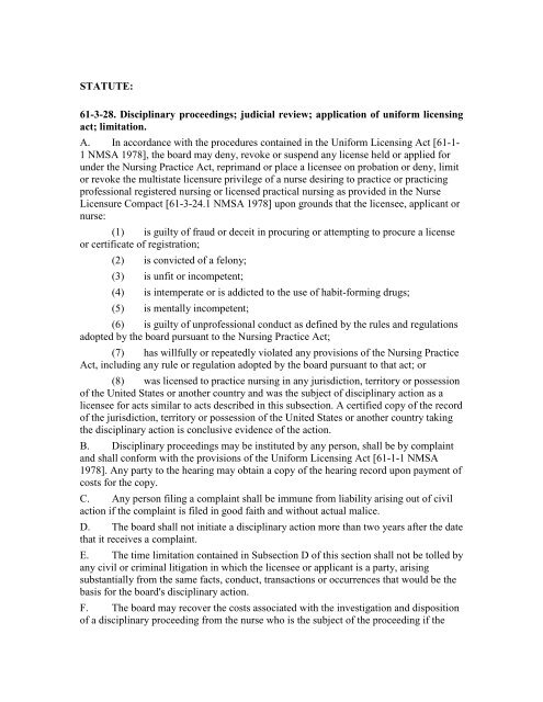Disciplinary Statute and Rules - the New Mexico Board of Nursing
