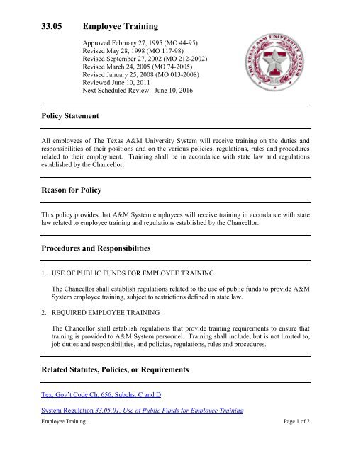 Employee Training - System Policies and Regulations - The Texas ...