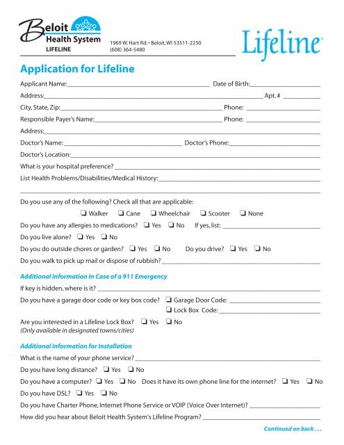 Application for Lifeline - Beloit Memorial Hospital