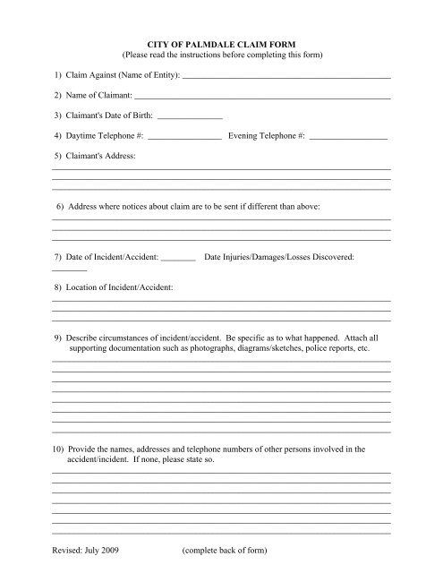 CITY OF PALMDALE CLAIM FORM