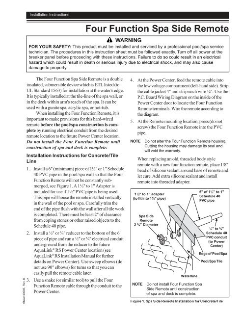 Jandy 4 Function Spa Remote Owner's Manual - INYOPools.com