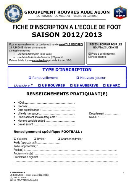 FICHE D'INSCRIPTION A L'ECOLE DE FOOT SAISON 2012/2013