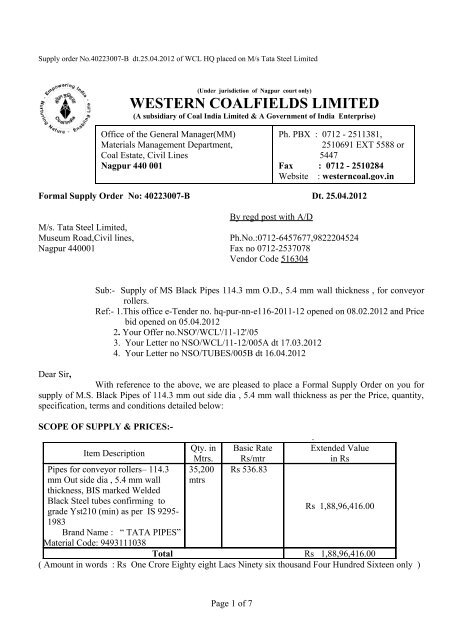WESTERN COALFIELDS LIMITED