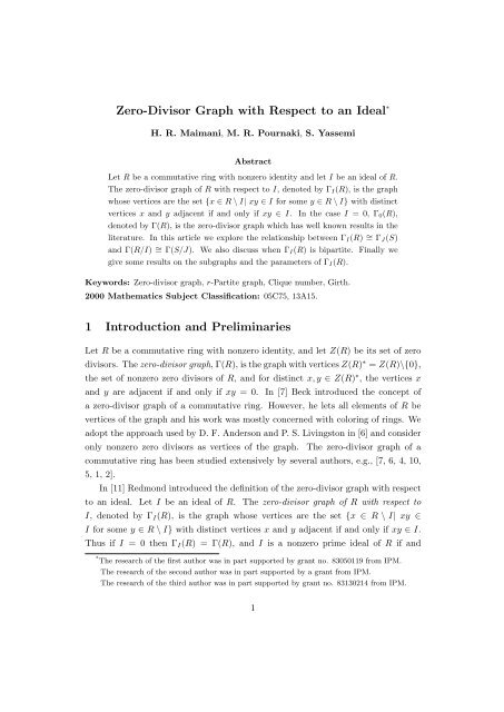 Zero-Divisor Graph with Respect to an Ideal* 1 Introduction and ...
