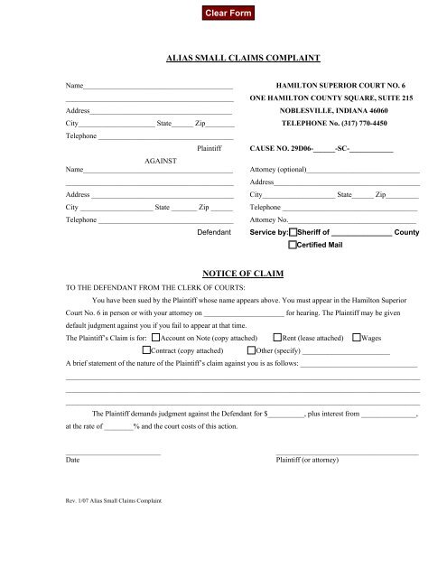 alias small claims complaint - Hamilton County, Indiana