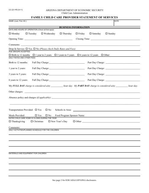 Family Child care Provider Statement of Services - Arizona ...