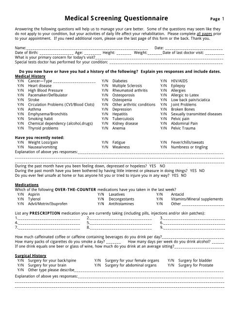 Medical Screening Questionnaire - Tina L Baum