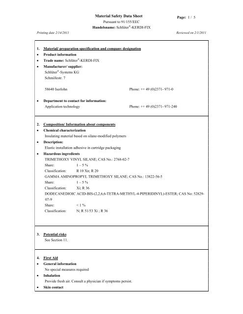 Material Safety Data Sheet - Northland Construction Supplies