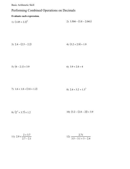 Performing Combined Operations on Decimals worksheet (PDF ... Performing Combined Operations on Decimals worksheet (PDF ...
