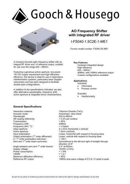 AO Frequency Shifter with integrated RF driver I-FS040-1.5C2E-1-ME1
