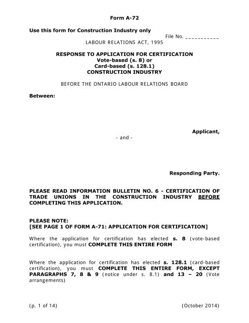 Response to Application for Certification, Construction Industry
