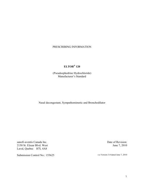 Eltor (pseudoephedrine hydrochloride) - Sanofi Canada