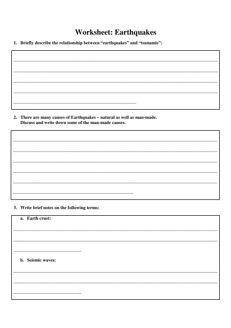 Worksheet: Earthquakes - Teachers of India