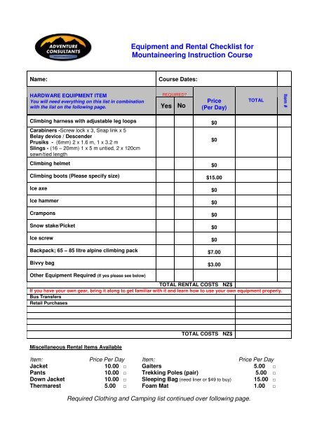 Equipment and Rental Checklist for Mountaineering Instruction Course