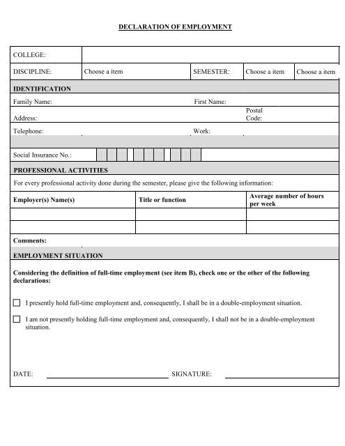 DECLARATION OF EMPLOYMENT