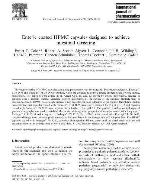 Enteric coated HPMC capsules designed to achieve ... - Capsugel