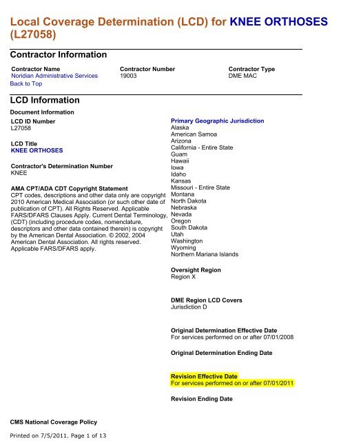 Local Coverage Determination for Knee Orthoses ... - DJO Global