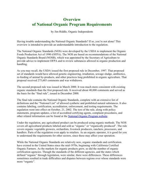 Overview of National Organic Program Requirements