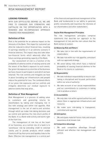 RISK MANAGEMENT REPORT - Seylan Bank