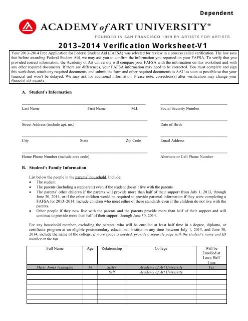 Dependent Worksheet Irs 2021 2022 Dependent Student Verification