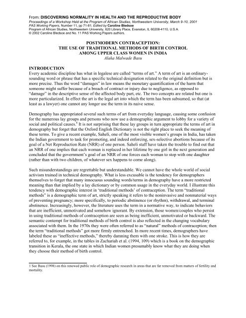 THE USE OF TRADITIONAL METHODS OF BIRTH CONTROL ...