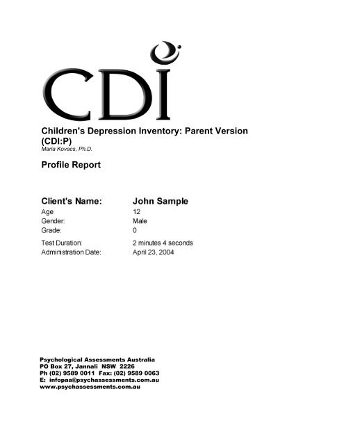 Children's Depression Inventory: Parent Version - Psychological ...