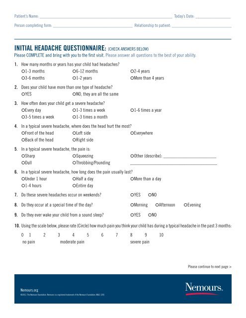 InItIal HeadacHe QuestIonnaIre: (CHECK ANSWERS ... - Nemours