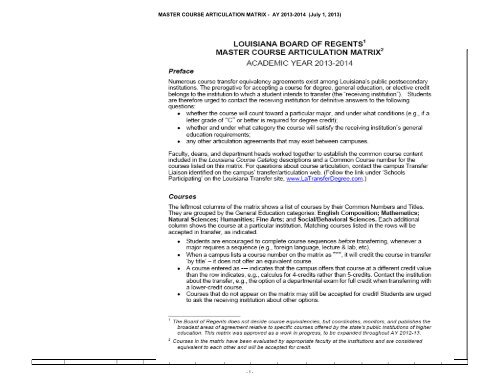 MASTER COURSE ARTICULATION MATRIX - Regents - Louisiana