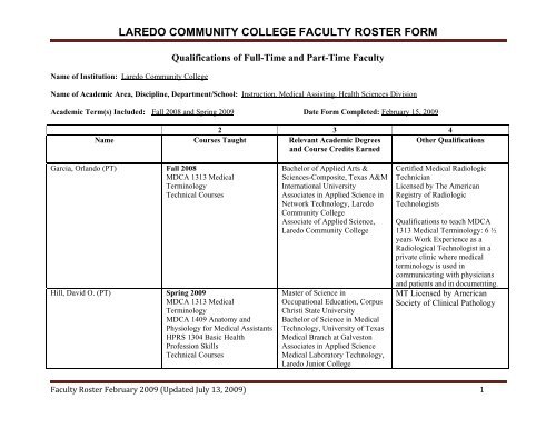 LAREDO COMMUNITY COLLEGE FACULTY ROSTER FORM