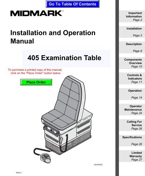 Installation and Operation Manual 405 Examination Table - Midmark